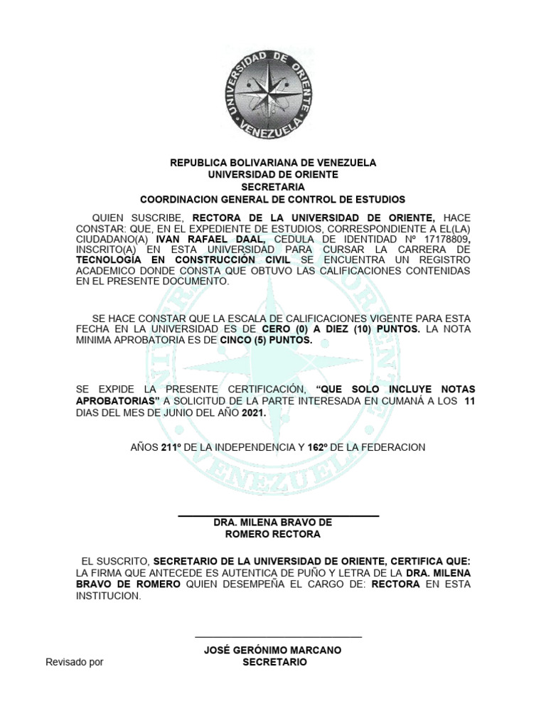 Udo Cert. Notas | PDF