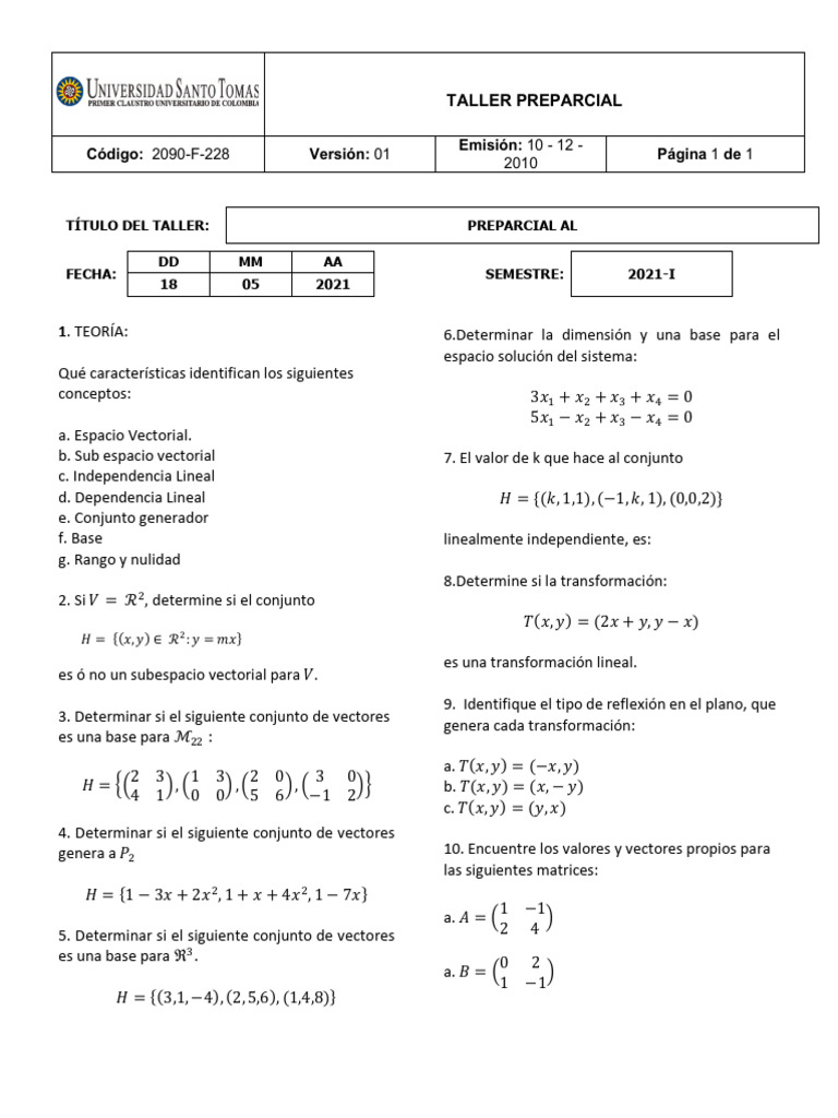 Taller Preparcial 3 | PDF | Espacio vectorial | Base (álgebra lineal)