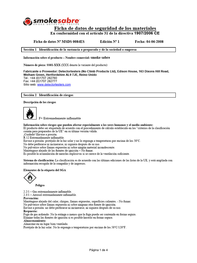 Ficha de Seguridad Smoke Sabre | PDF | Agua | Solvente