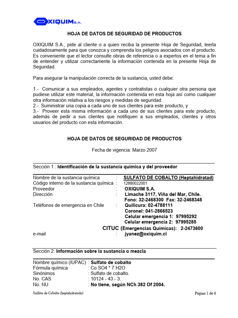 Seguridad del Sulfato de Cobalto | PDF | Alergia | Residuos