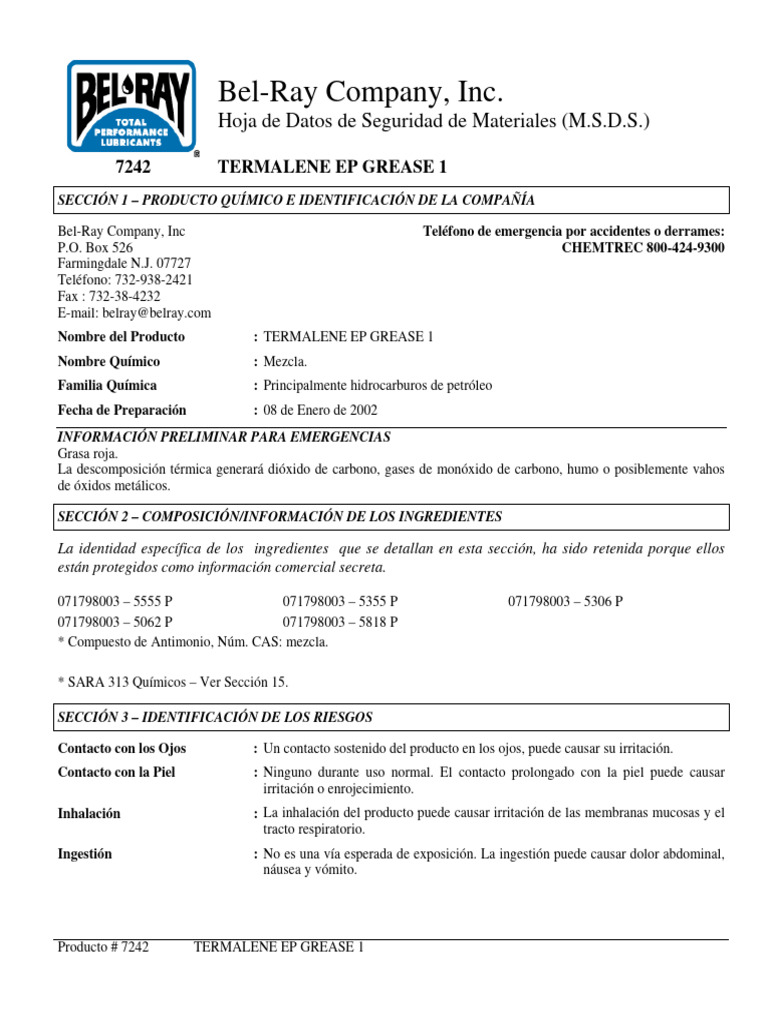 TERMALENE EP GREASE 1: Hoja de Seguridad | PDF | Agua | Carbón