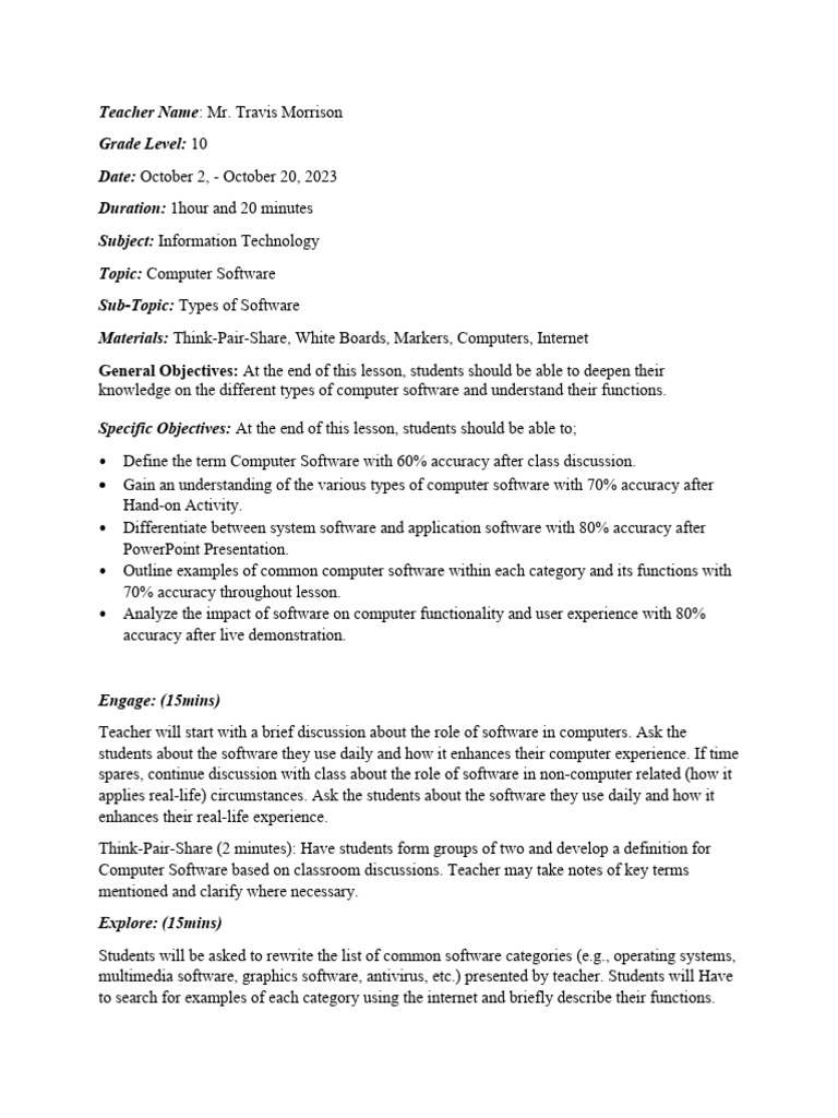 Grade 10 Types of Software Lesson Plan (Oct) | PDF | Software | Teachers
