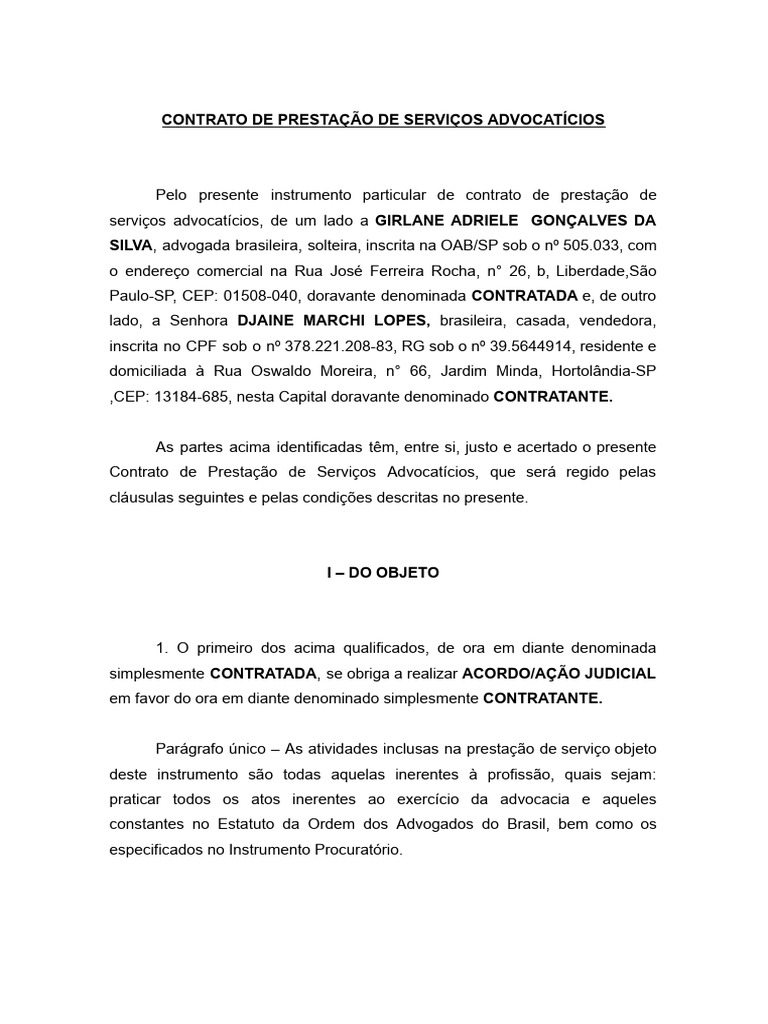 CONTRATO DE HONORARIOS - DJAINE LOPES (1) Assinado | PDF | Advogado ...