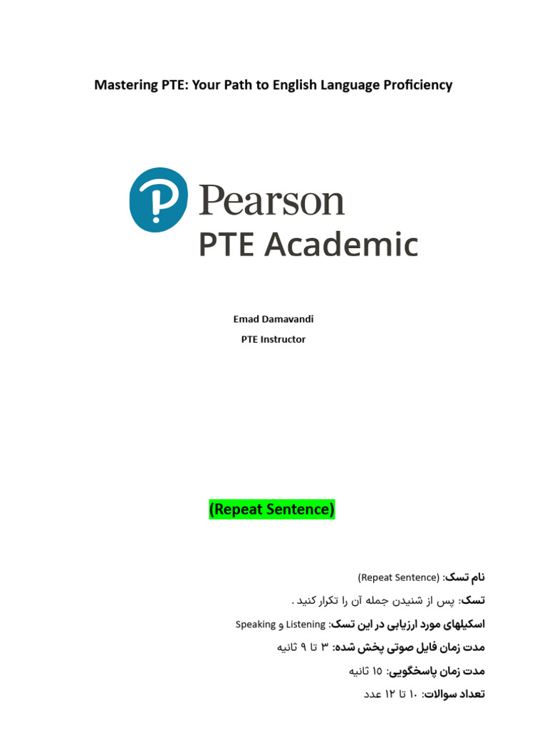 Mastering PTE: Your Path To English Language Proficiency: Emad Damavandi PTE Instructor | PDF