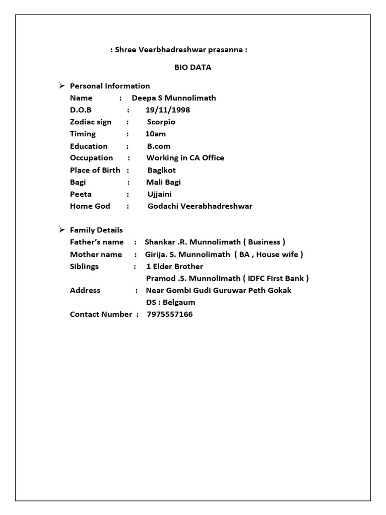 Deepa Munnolimath Bio Data Summary | PDF