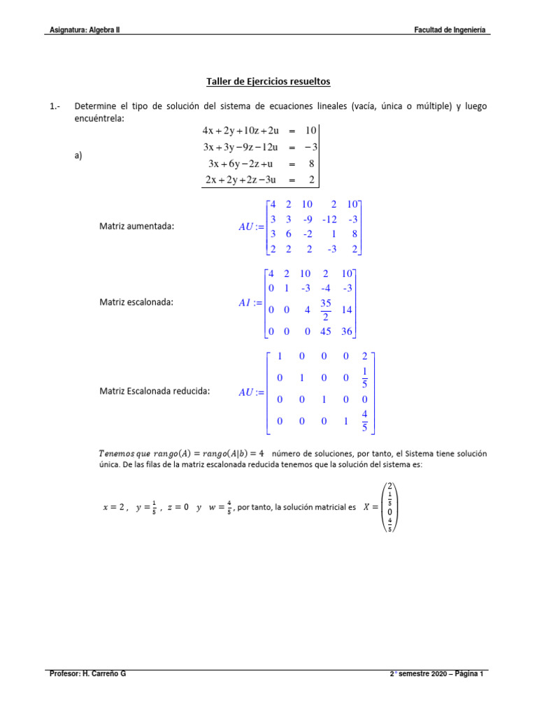 Taller de Ejercicios Resueltos - Algebra II - 2020-02 | PDF | Matriz ...
