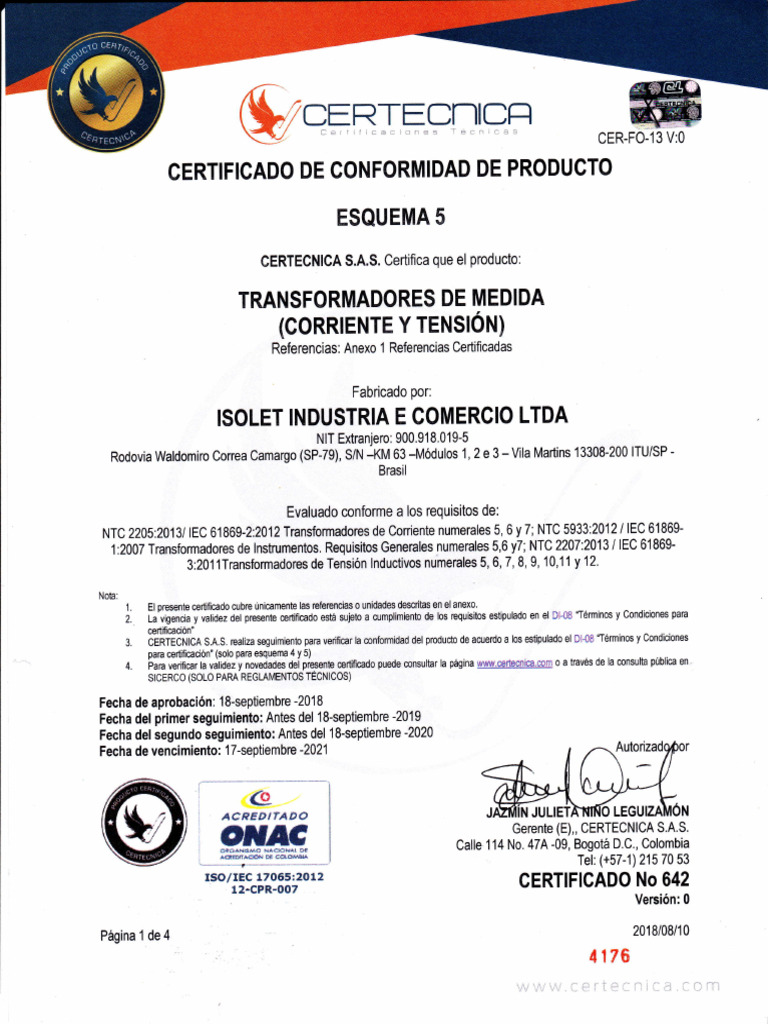ISOLET Industria e Comercio Certificacion 5 | PDF