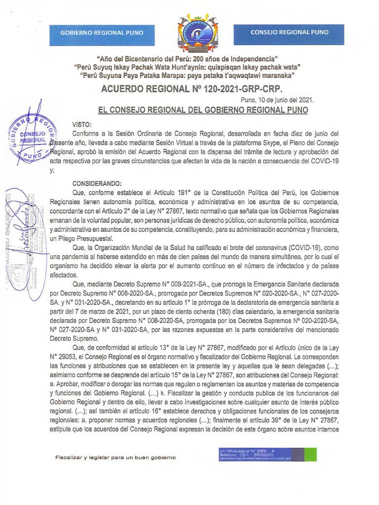 Acuerdo Regional Nro. 120-2021-Grp-crp Mejoramiento y Ampliación Puerto ...