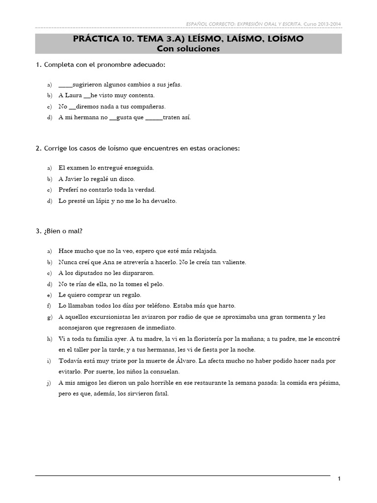 Leísmos, Laísmos y Loísmos Con Solución | PDF | Objeto (gramática ...