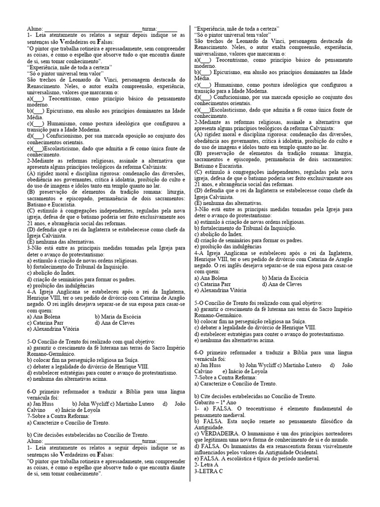 Exercicio EJA Renascimento e Reforma Revisao Exercicios Com Gabarito | PDF | Igreja católica ...
