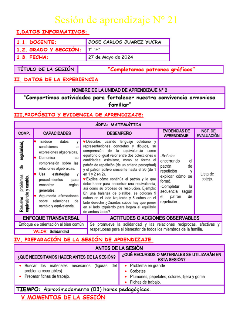 SESIÓN COMPLETAMOS PATRONES GRÁFICOS MAESTRA JANET | PDF | Aprendizaje