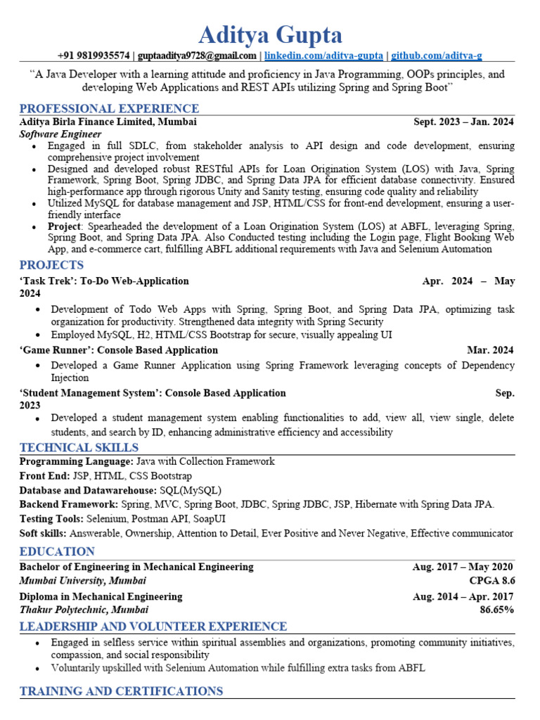 Aditya Gupta JavaDeveloper | PDF | Web Application | Spring Framework Aditya Gupta JavaDeveloper | PDF | Web Application | Spring Framework