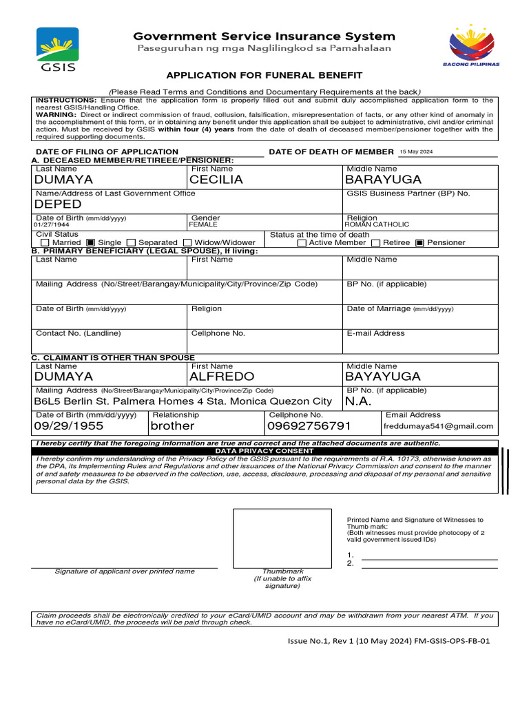 FM GSIS OPS FB 01 - Application For Funeral Benefit Form - Rev1 ...