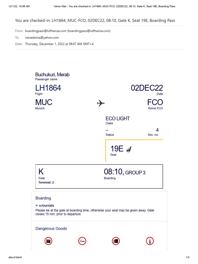 Yahoo Mail - You Are Checked-In - LH1864, MUC-FCO, 02DEC22, 08 - 10, Gate K, Seat 19E, Boarding ...