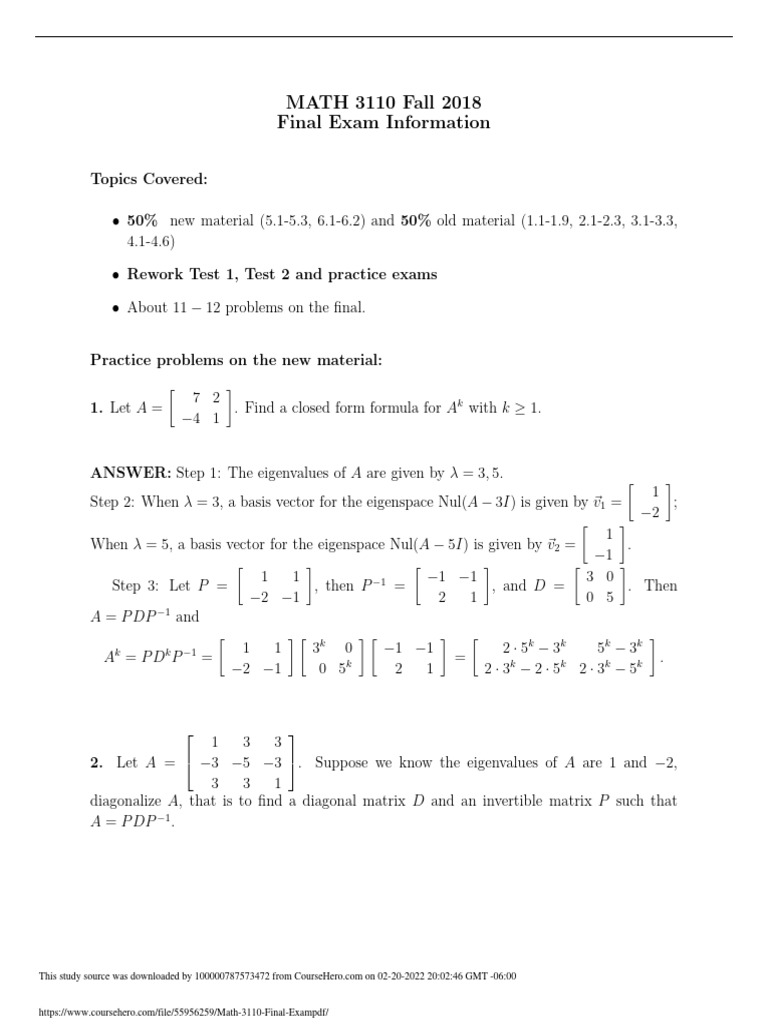 Math 3110 Final Exam PDF | PDF | Eigenvalues And Eigenvectors | Operator Theory