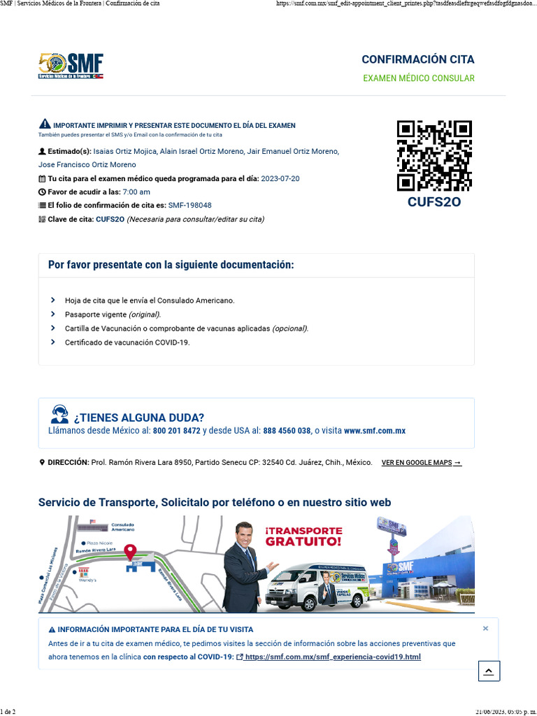 SMF Servicios Médicos de La Frontera Confirmación de Cita | PDF