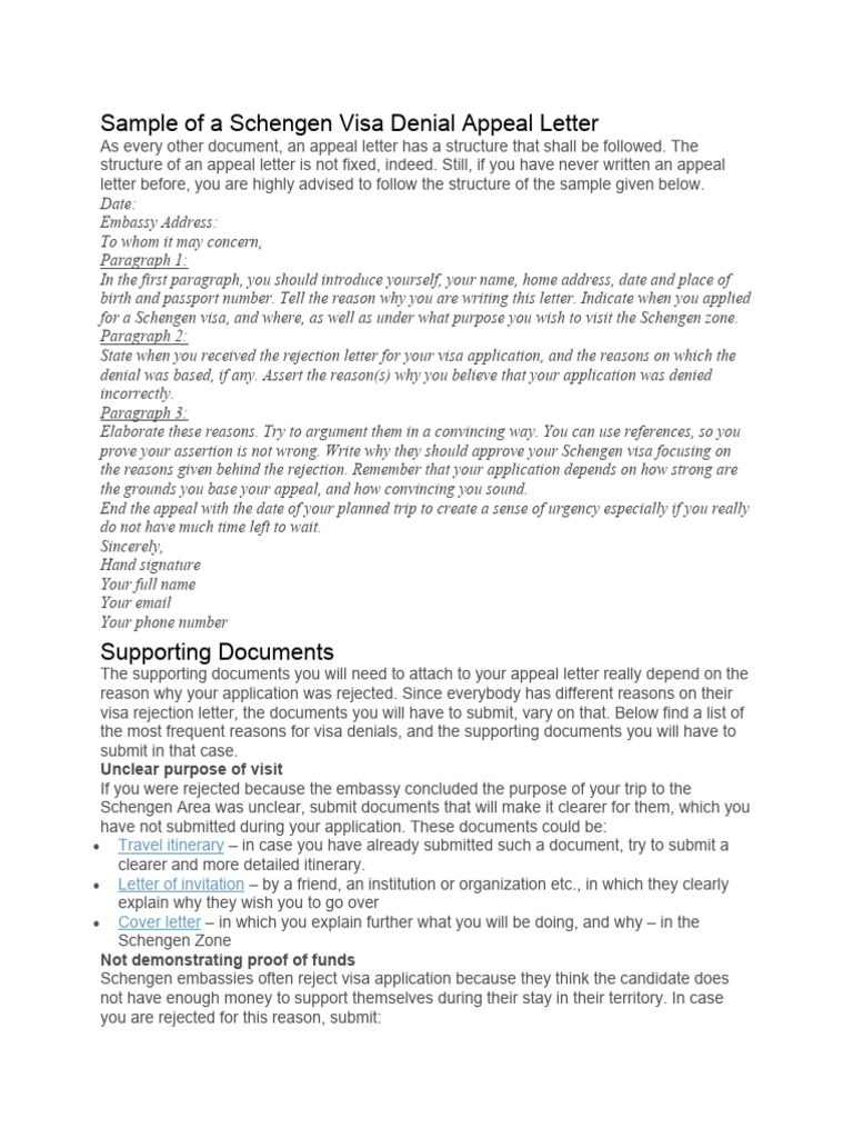 Sample of A Schengen Visa Denial Appeal Letter | PDF | Travel Visa | Justice
