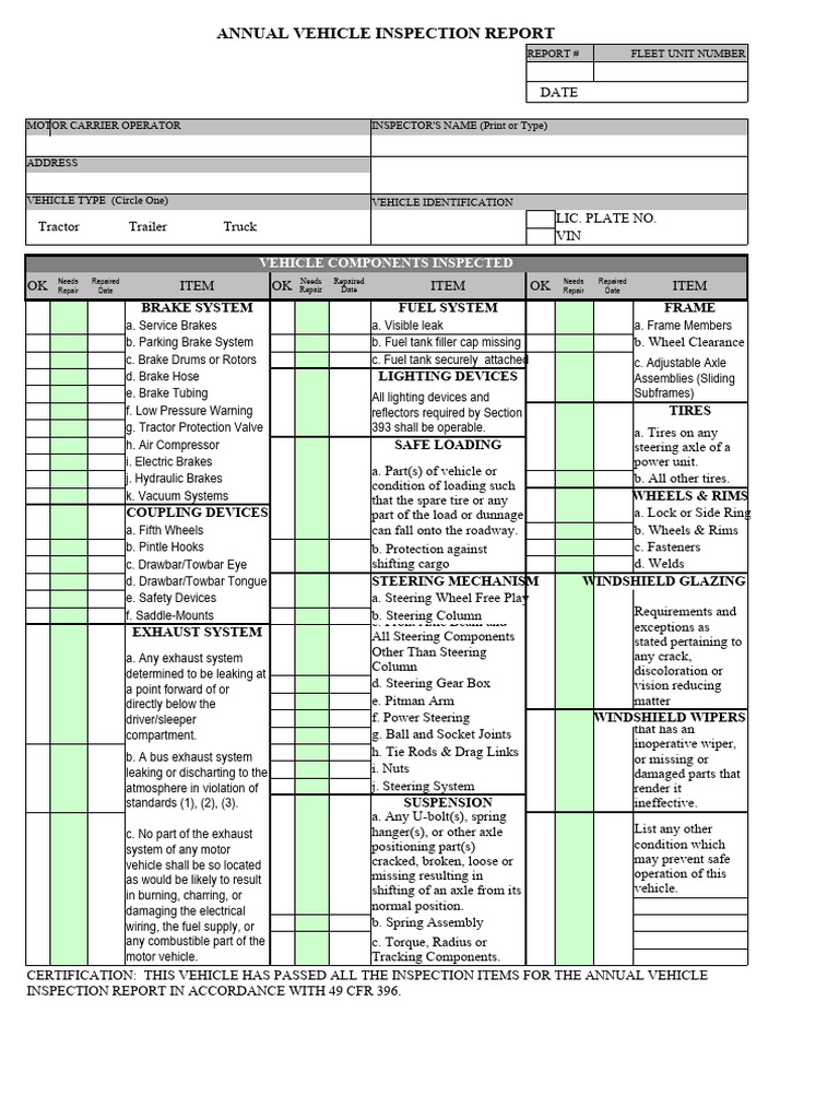 Annual Vehicle Inspection Report | Download Free PDF | Brake | Steering