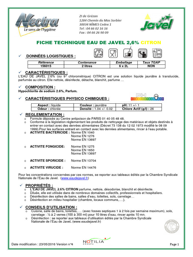 Fiche Technique Eau de Javel Citron | PDF | Blanchiment (chimie) | Chimie