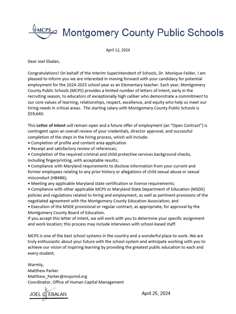 J1 Letter of Intent Joel | PDF | Teachers | Employment
