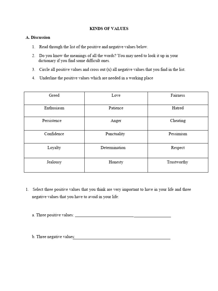 KINDS OF VALUES | PDF | Adjective | Linguistics