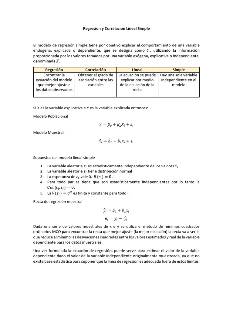 Regresión y Correlación Lineal Simple Parte 1 | PDF | Análisis de regresión | Teoría de la ...