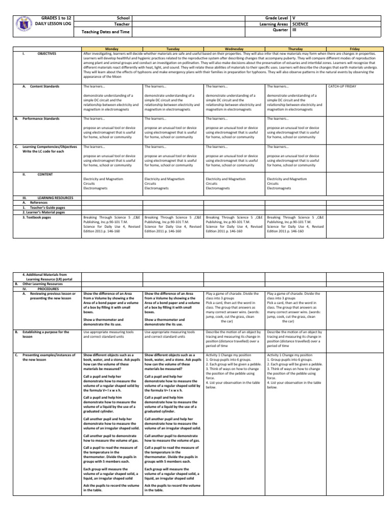 Grade 5 DLL SCIENCE 5 Q3 Week 3 | PDF | Fahrenheit | Temperature
