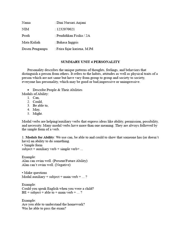Summary Unit 4 Dini Nursari Anjani - 1232070021 | PDF | Emotions | Question