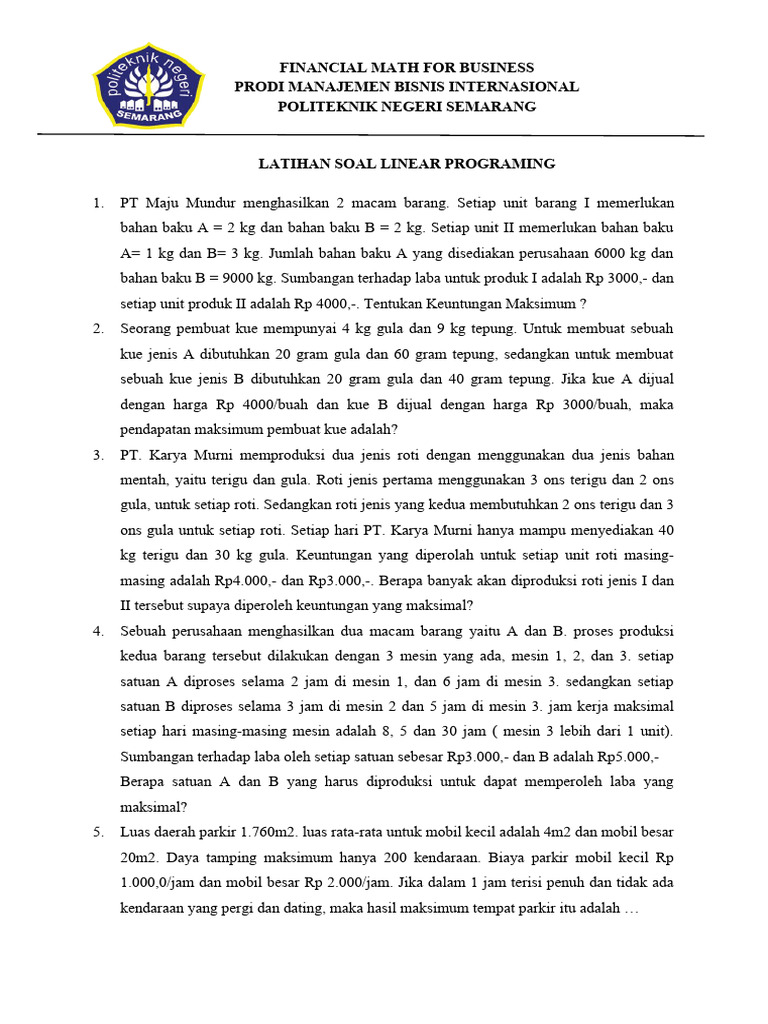 Latihan Soal LINEAR PROGRAMING | PDF Latihan Soal LINEAR PROGRAMING | PDF