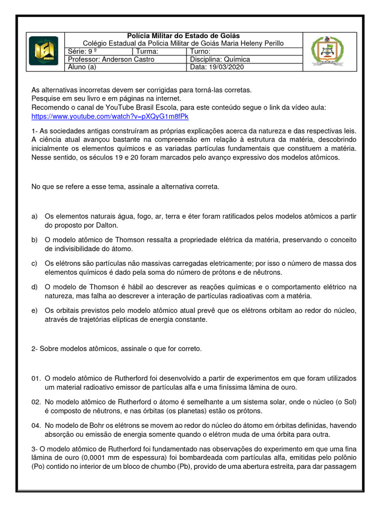 Lista 9 Ano - Modelos Atômicos | PDF | Elétron | Próton
