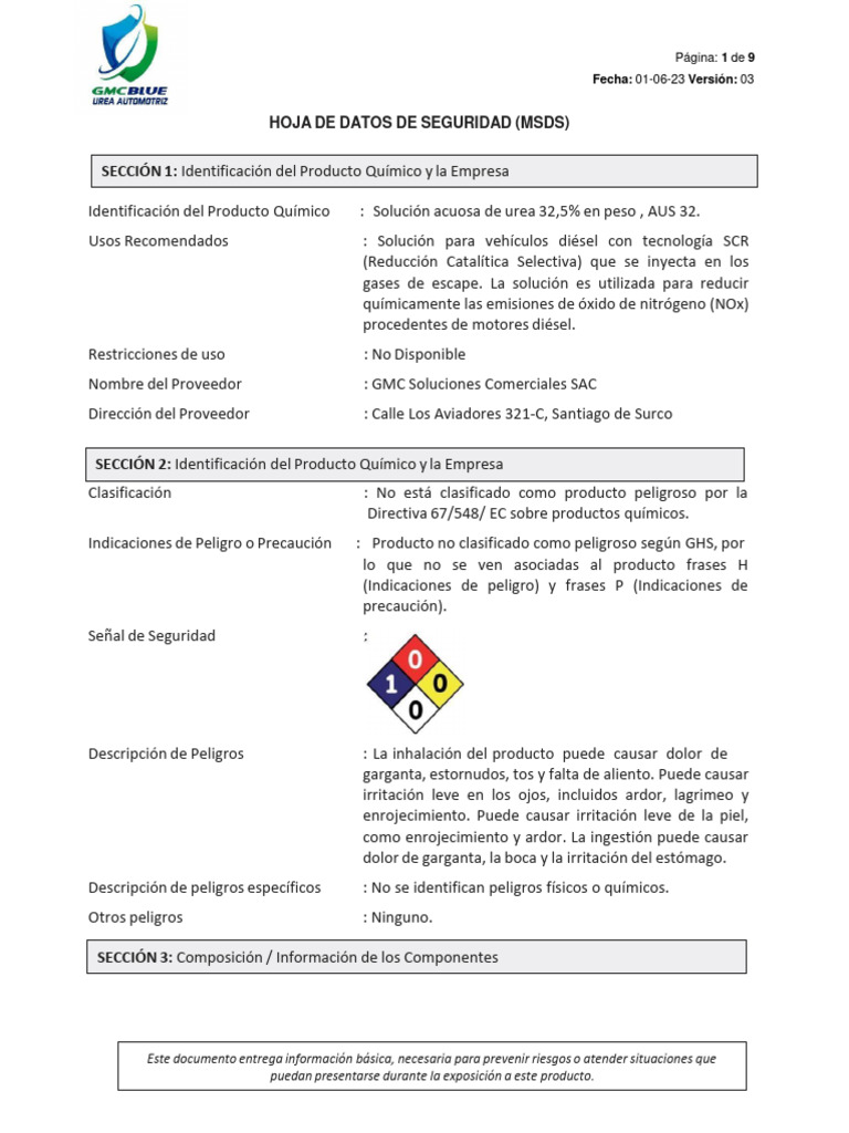 GMC - Solución Acuosa de Urea 32.5% en Peso | PDF | Agua | Combustión