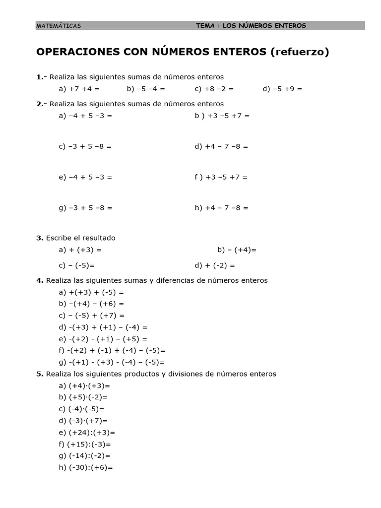 Práctica Operaciones Números Enteros 1 | PDF | Entero | Matemáticas