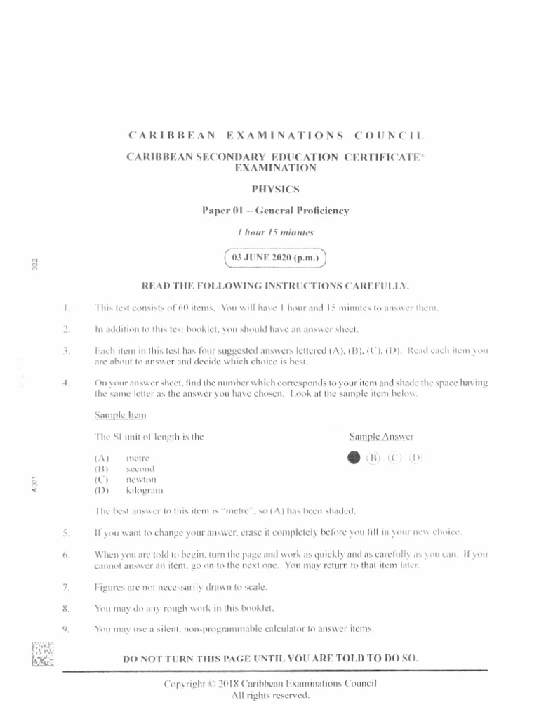 CSEC Physics P1 2020 | PDF