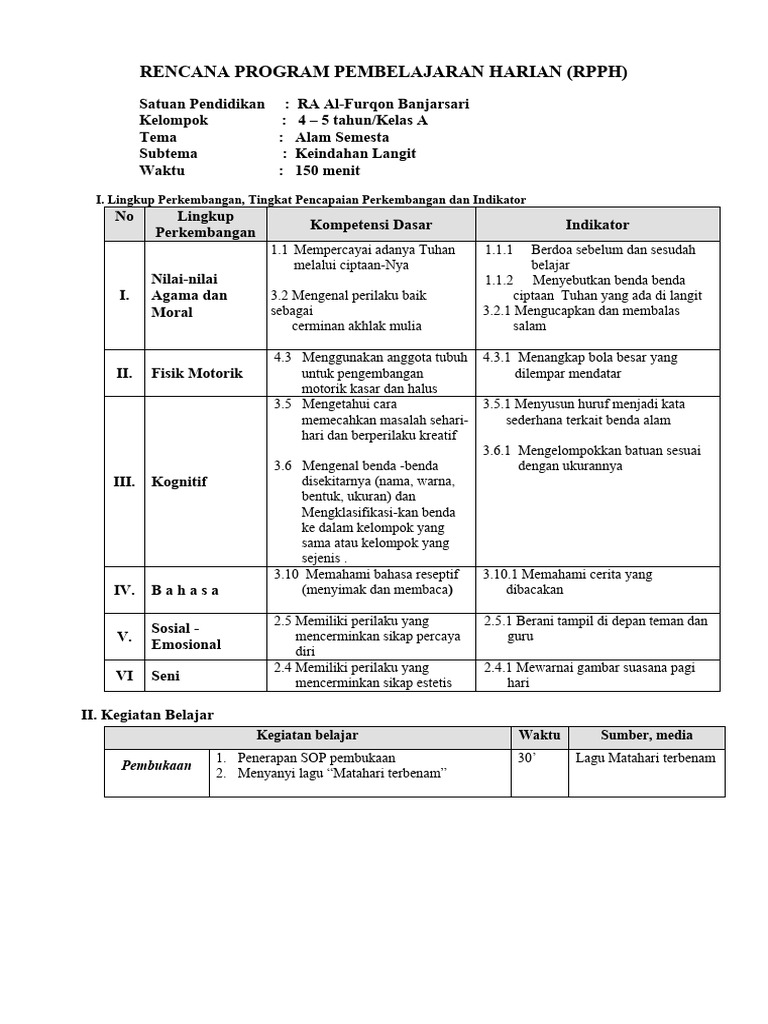 Rencana Kerja Harian PAUD 5-6 Tahun Tema 7. Dunia Tanaman Minggu Ke 27 ...