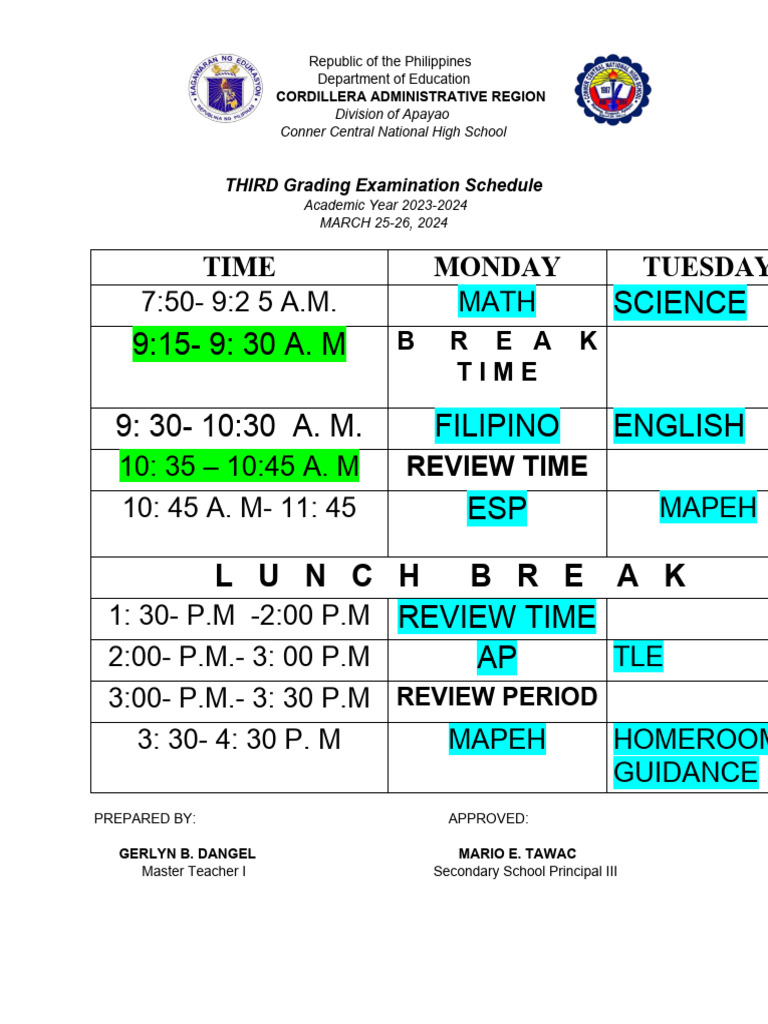 THIRD QUARTER Grading Test Schedule | PDF