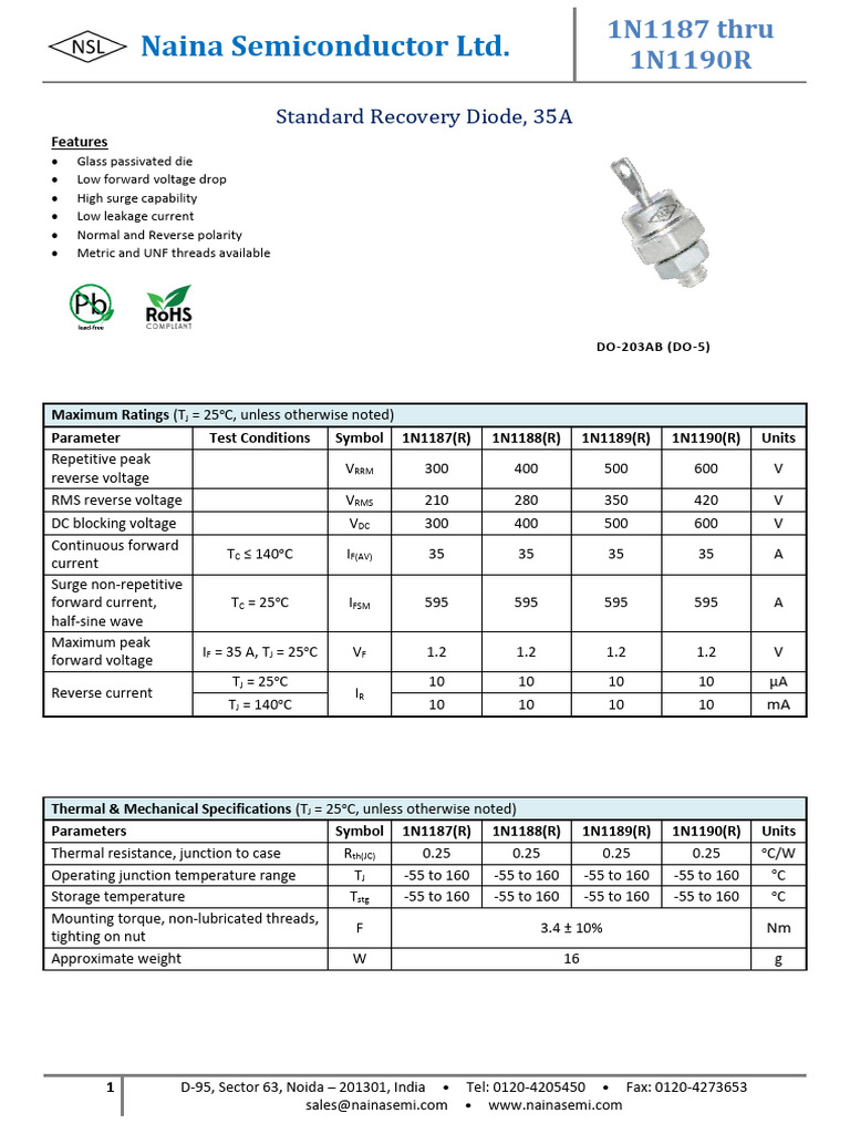 1N1187 NainaSemiconductor | PDF | Diode | Electrical Engineering