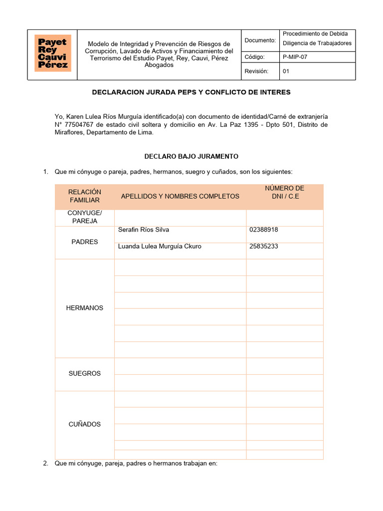 ANEXOS DE PROCEDIMIENTO DE DD DE TRABAJADORES-DECLARACION JURADA PEPS Y CONFLICTO DE INTERES ...