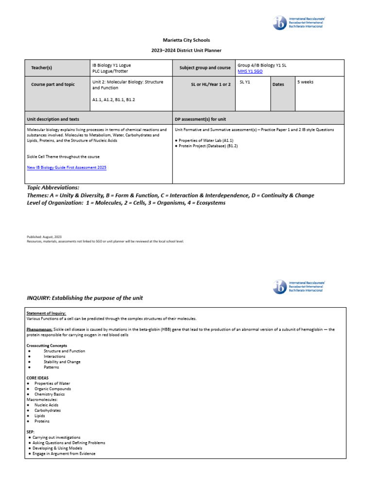 Marietta City Schools 2023-2024 District Unit Planner: IB Biology Y1 ...