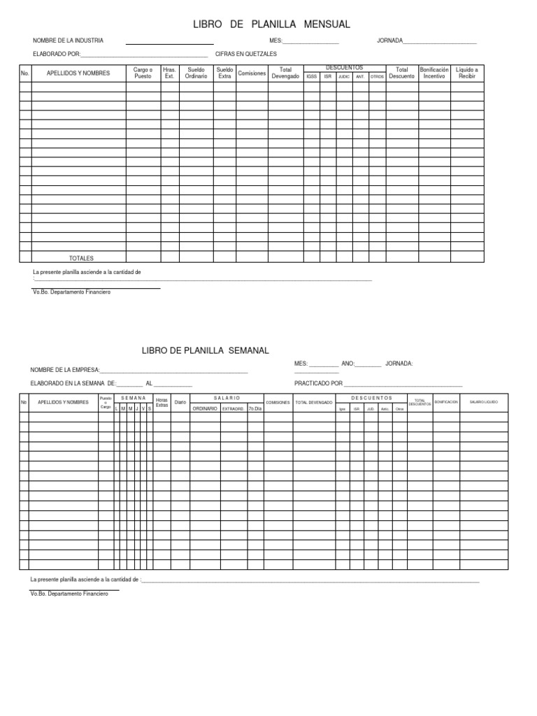 Formato de Planilla Mensual y Semanal | Descargar gratis PDF | Labor ...