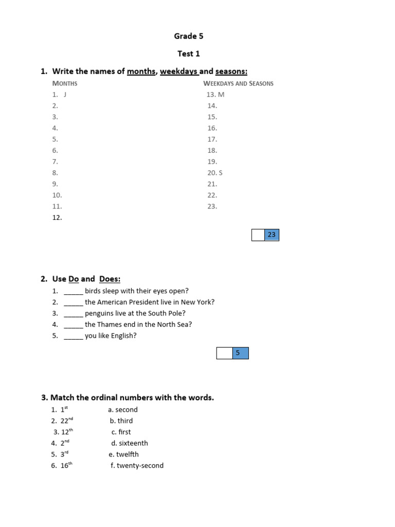 Grade 5 Test 1 | PDF