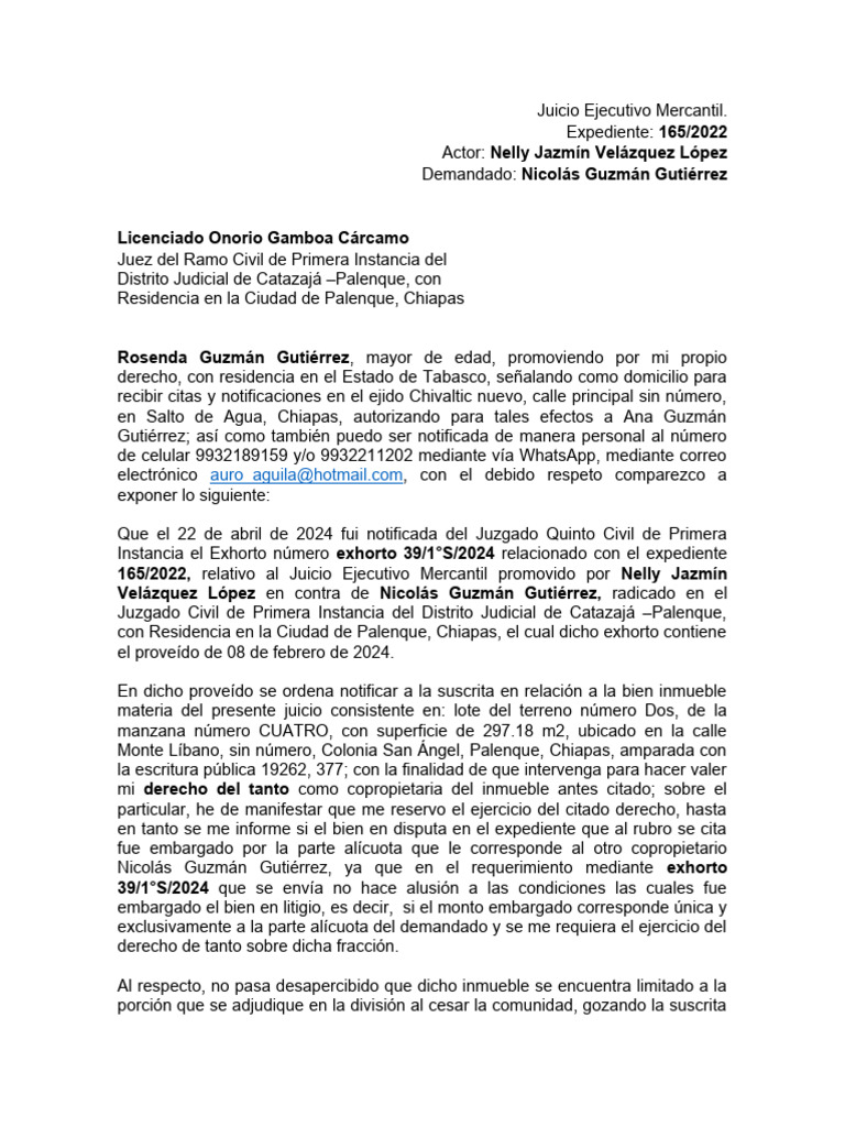 Contestacion Al Juicio Ejecutivo Mercantil Rosenda REVISADO | PDF ...
