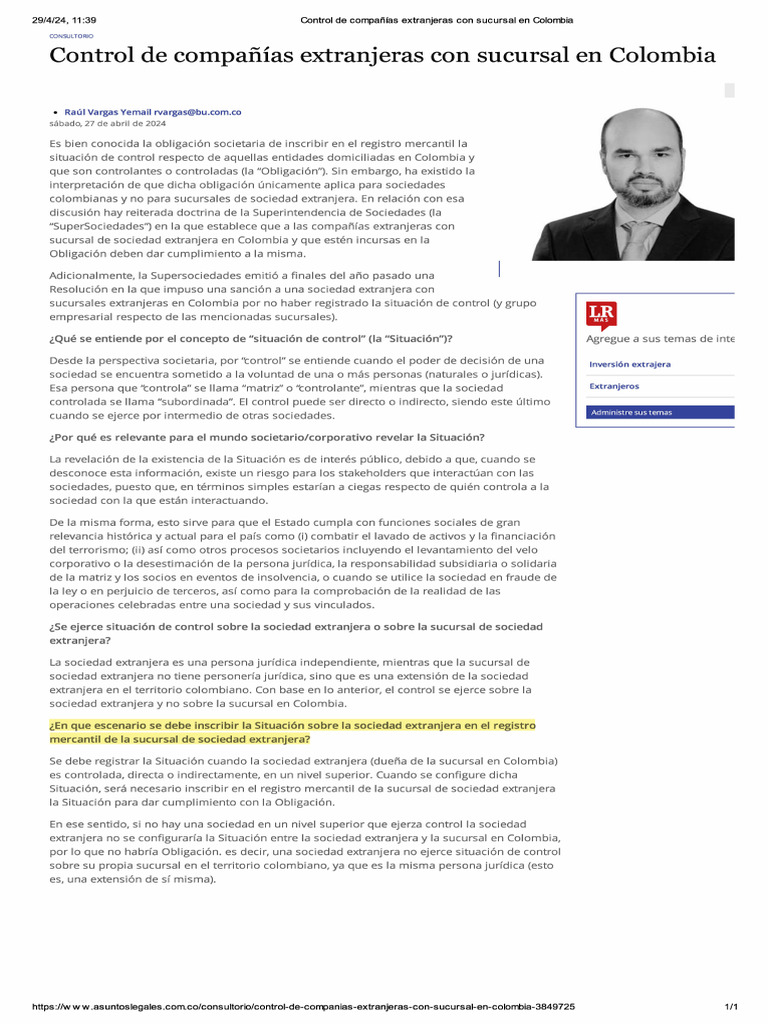 Control de Sucursales Extranjeras en Colombia | PDF | Sociedad ...