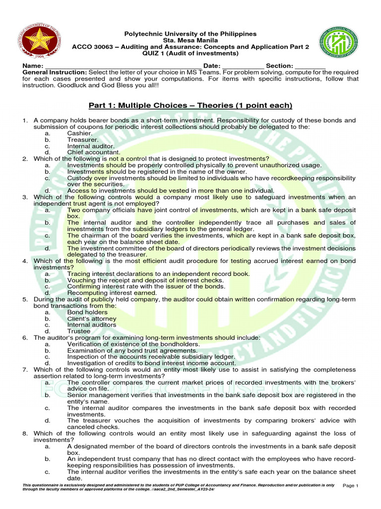 AACA2 - QUIZ 1 Audit of Investments - 2nd Semester AY2023 2024 | PDF | Debits And Credits | Book ...