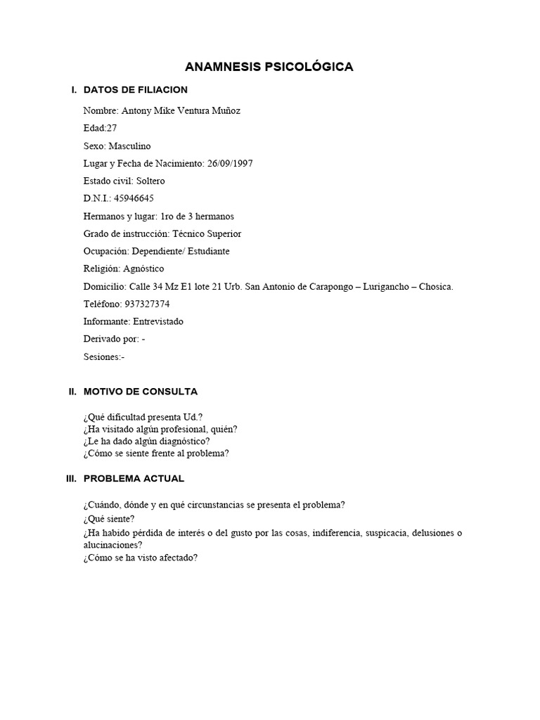 Formato de Anamnesis Psicológica | PDF | El embarazo | Parto