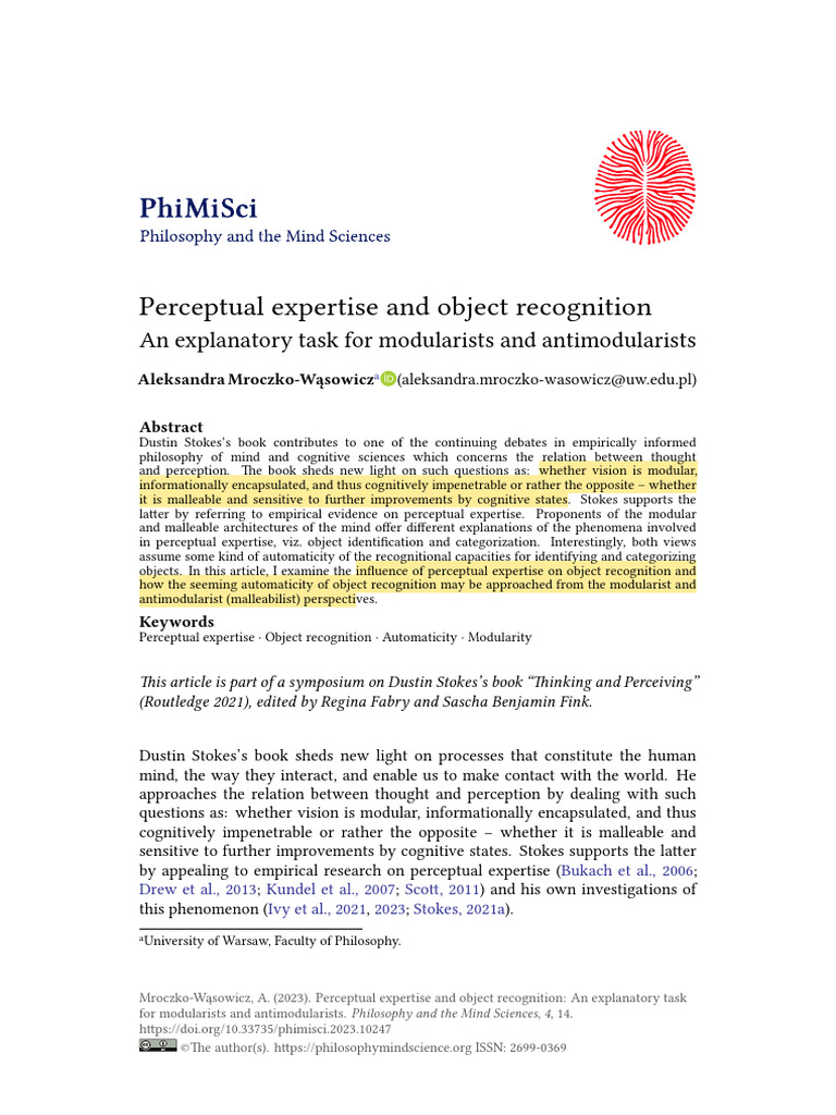 Review Perceptual Expertise and Object Recognitionan Explanatory Task ...