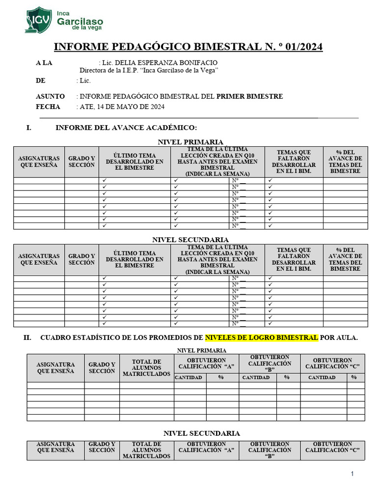 2024 - Formato de Informe Pedagógico Bimestral - I Bim | PDF
