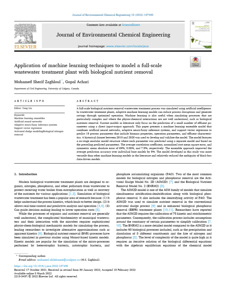 Machine Learning in Wastewater Treatment | PDF | Sewage Treatment ...