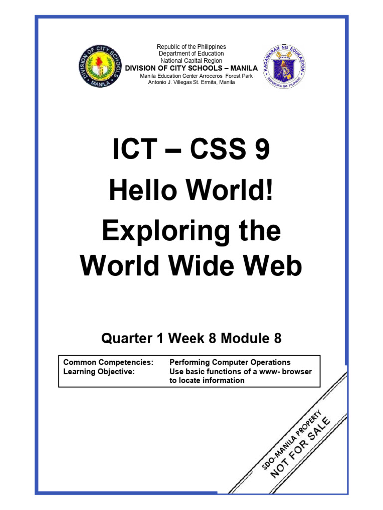Grade 7 STE - ICT 4th Quarter Hello World! World Wide Web Hyperlink Web ...