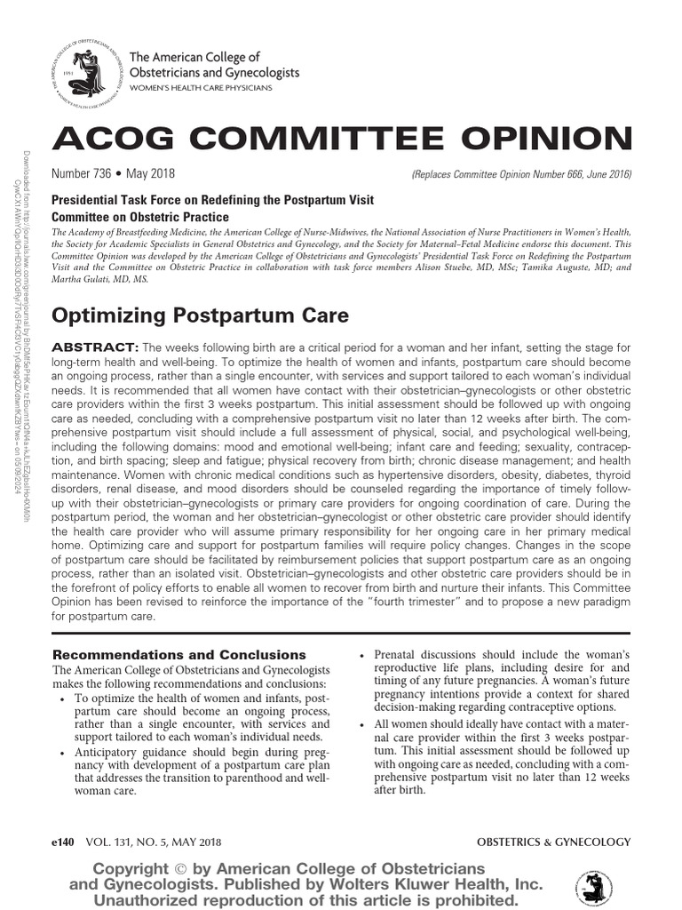 Acog Committee Opinion No 736 Optimizing.42 | PDF | Postpartum Period ...