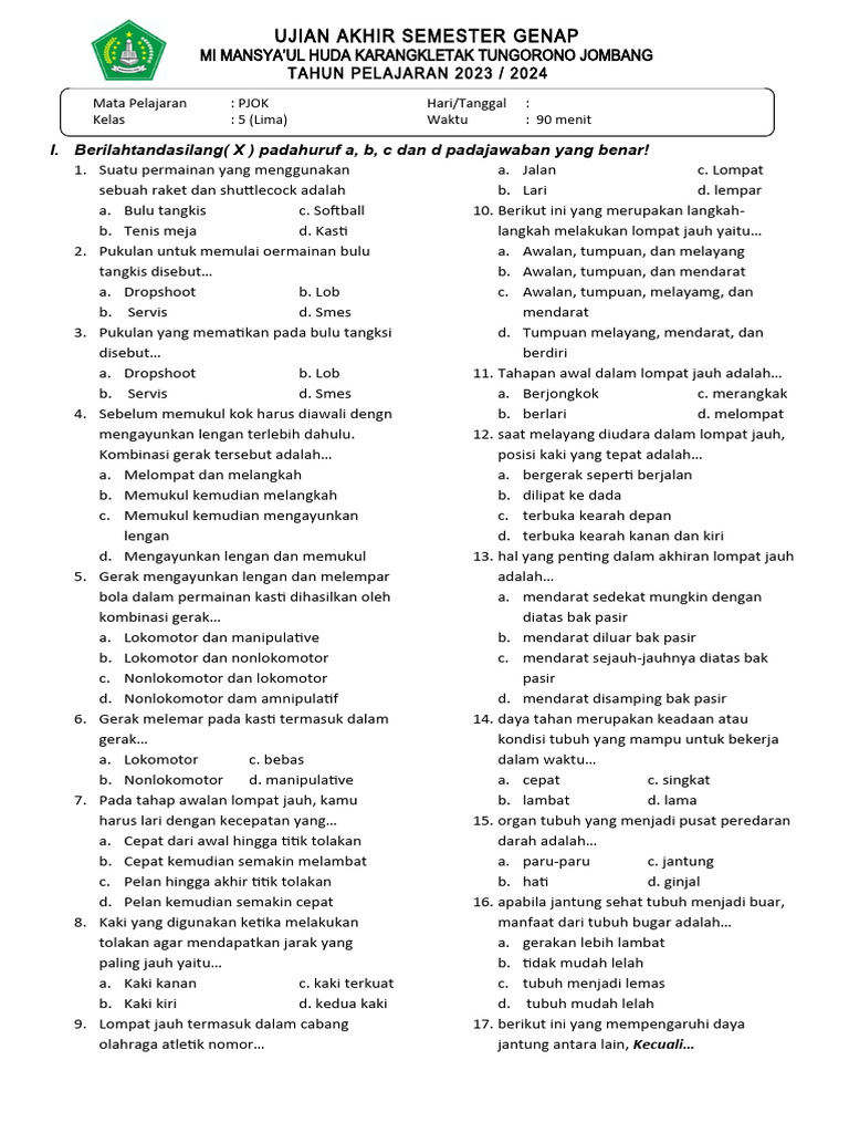 Soal Ujian PJOK Kelas 5 Semester Genap | PDF | Sejarah